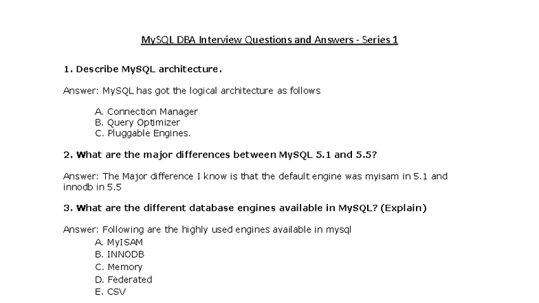 MySQL DBA Interview Questions & Answers Series 1 - Studocu