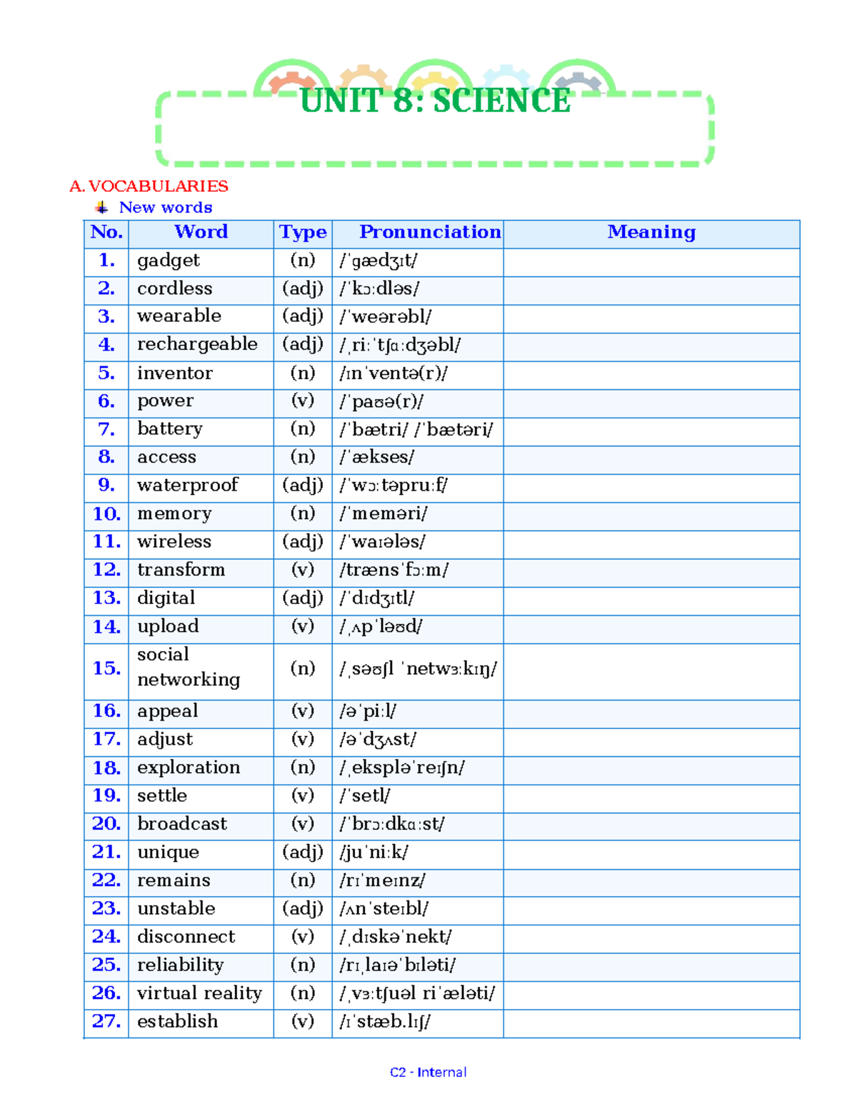Unit 8: Science Vocabulary List for C2 Class - Studocu