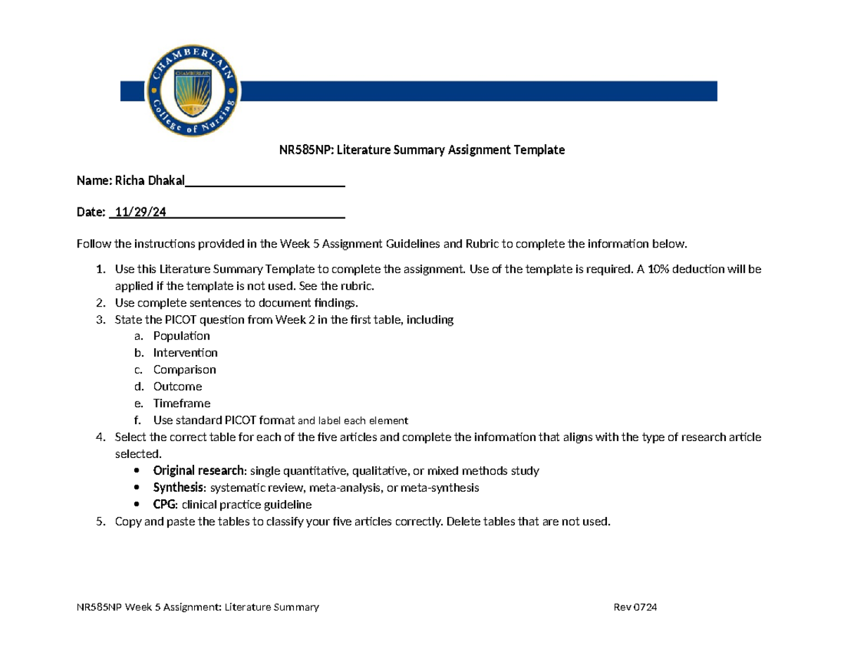 NR585NP Phase 6 Week 5 Literature Summary Template 0724 - NR585NP ...