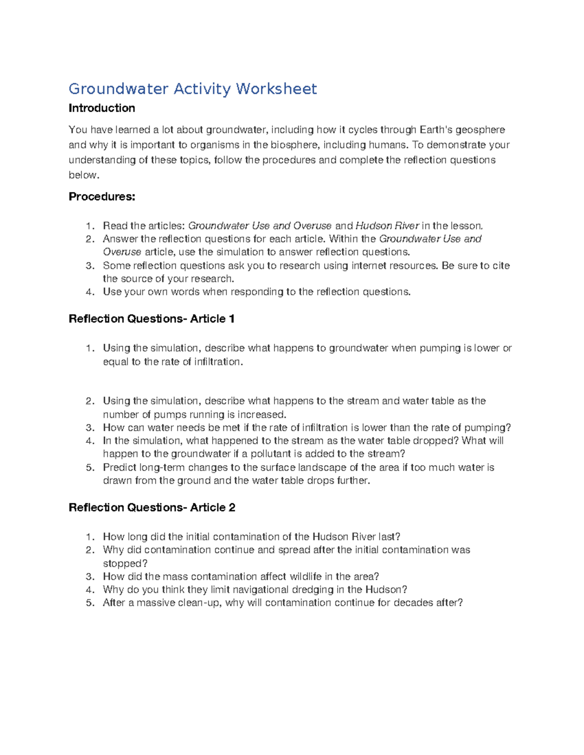 Groundwater Activity Worksheet: Understanding Use & Overuse - 3.02 ...