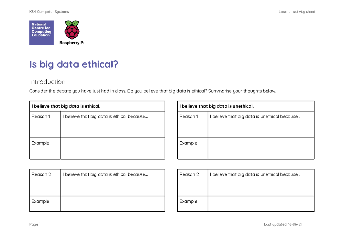 A2 Worksheet – Ethics in Big Data Discussion (KS4 Computer Systems ...