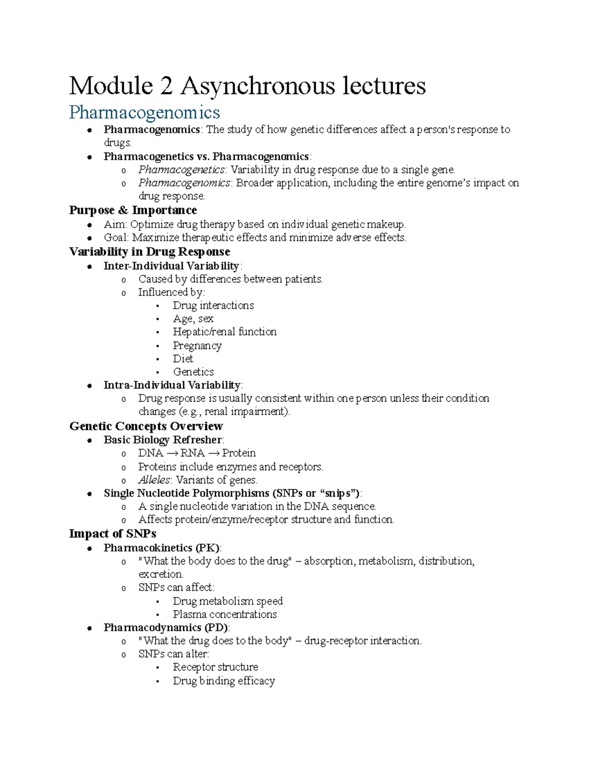 Module 2 Asynchronous Lecture Notes: Pharmacogenomics & Pregnancy - Studocu