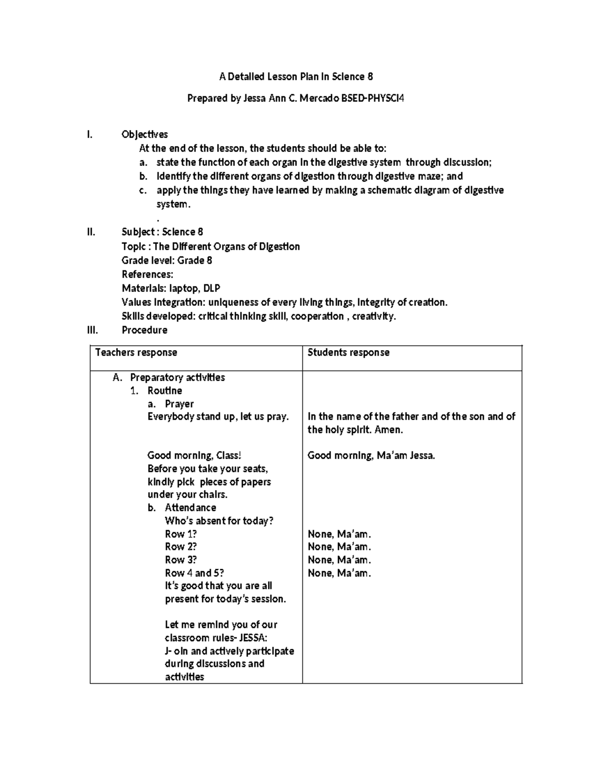 A Detailed Lesson Plan for Science 8: Organs of Digestion - Studocu