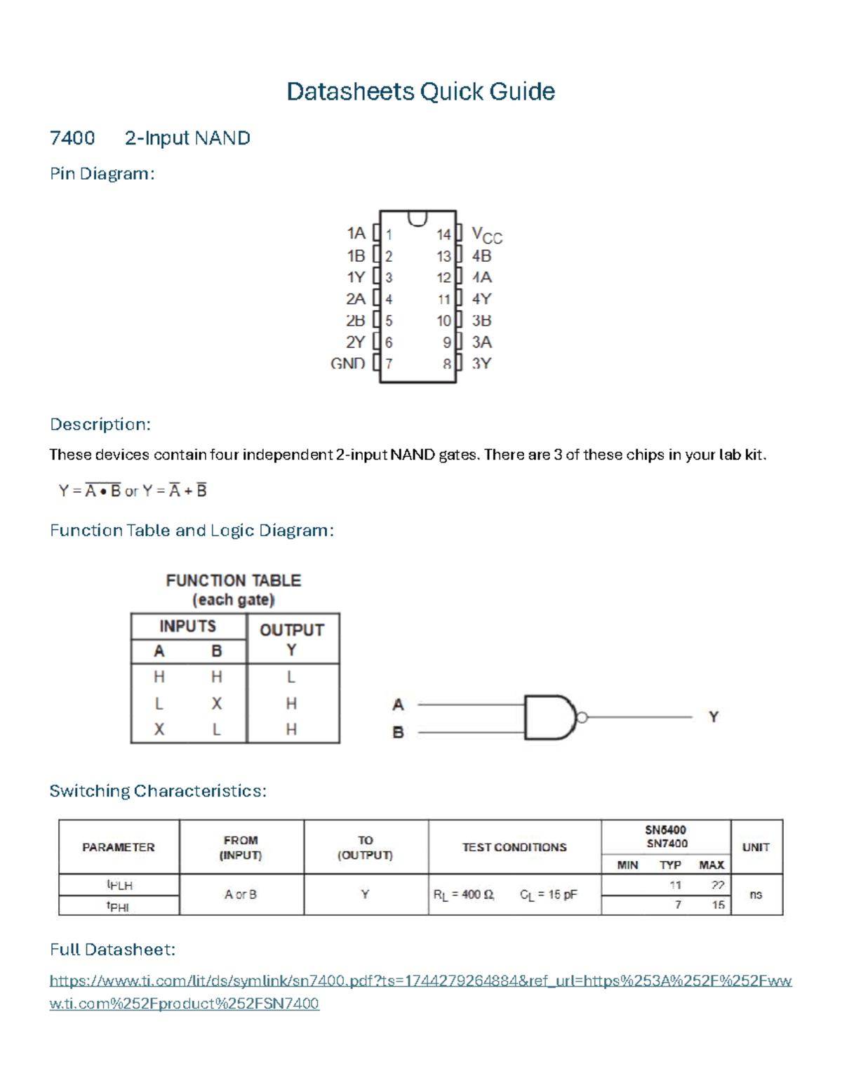 Datasheets Quick Guide for 7400 Series Logic Gates - Studocu