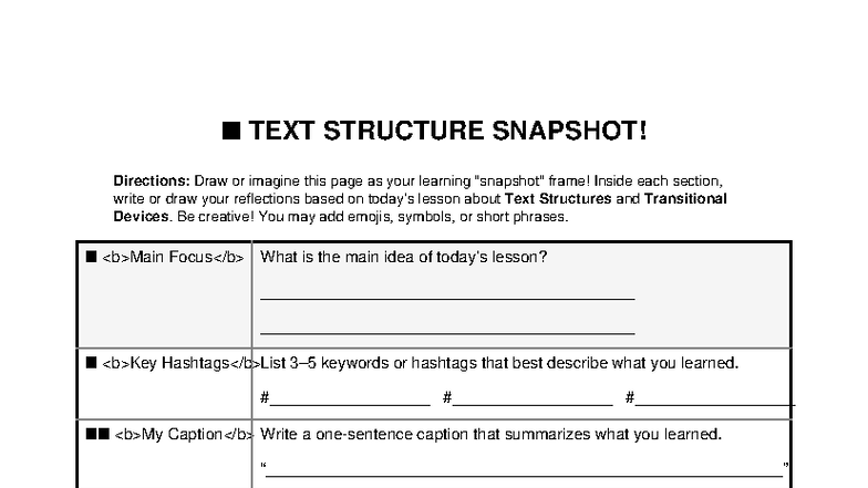 Text Structure Snapshot Activity - n TEXT STRUCTURE SNAPSHOT ...