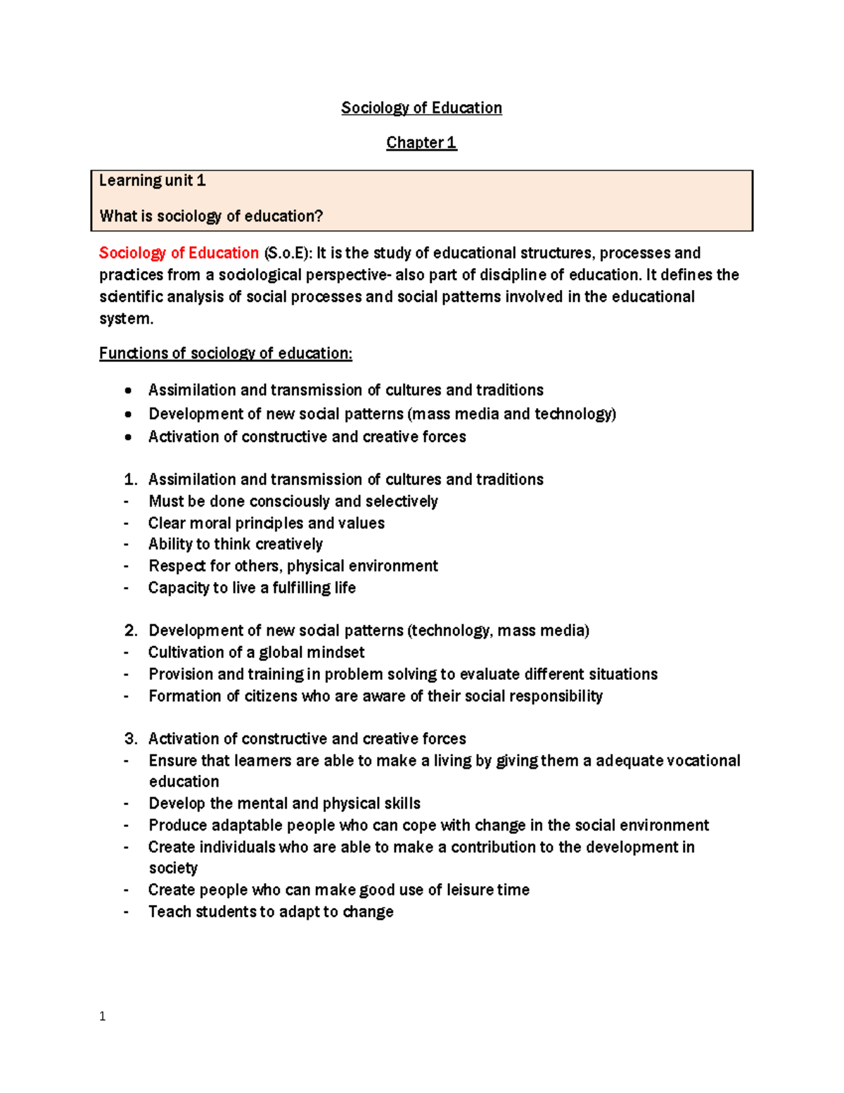 S.O.E 101: Comprehensive Notes on Sociology of Education Concepts - Studocu