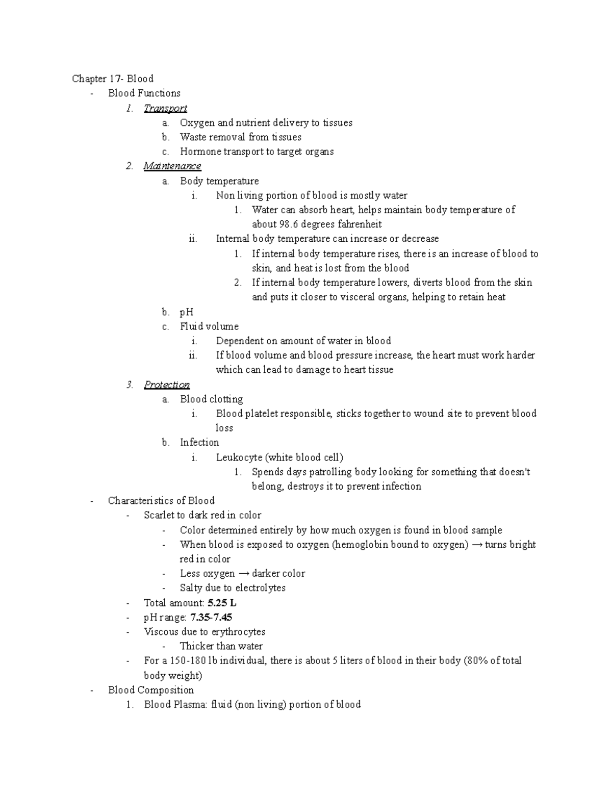 Anatomy Chapter 17 - Chapter 17- Blood - Blood Functions 1. Transport a ...