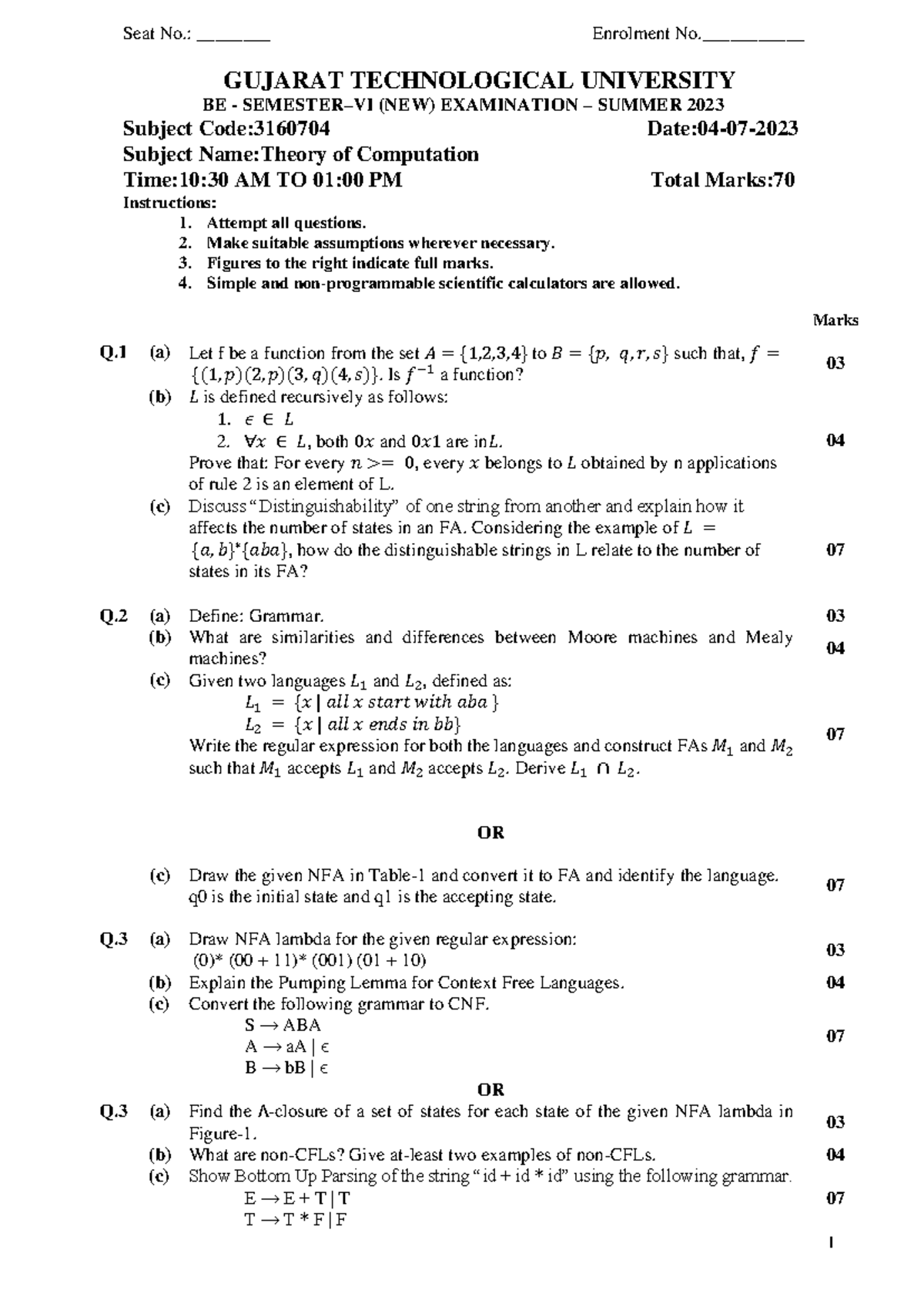 Theory of Computation Exam Notes - TC [3160704] Summer 2023 - Studocu