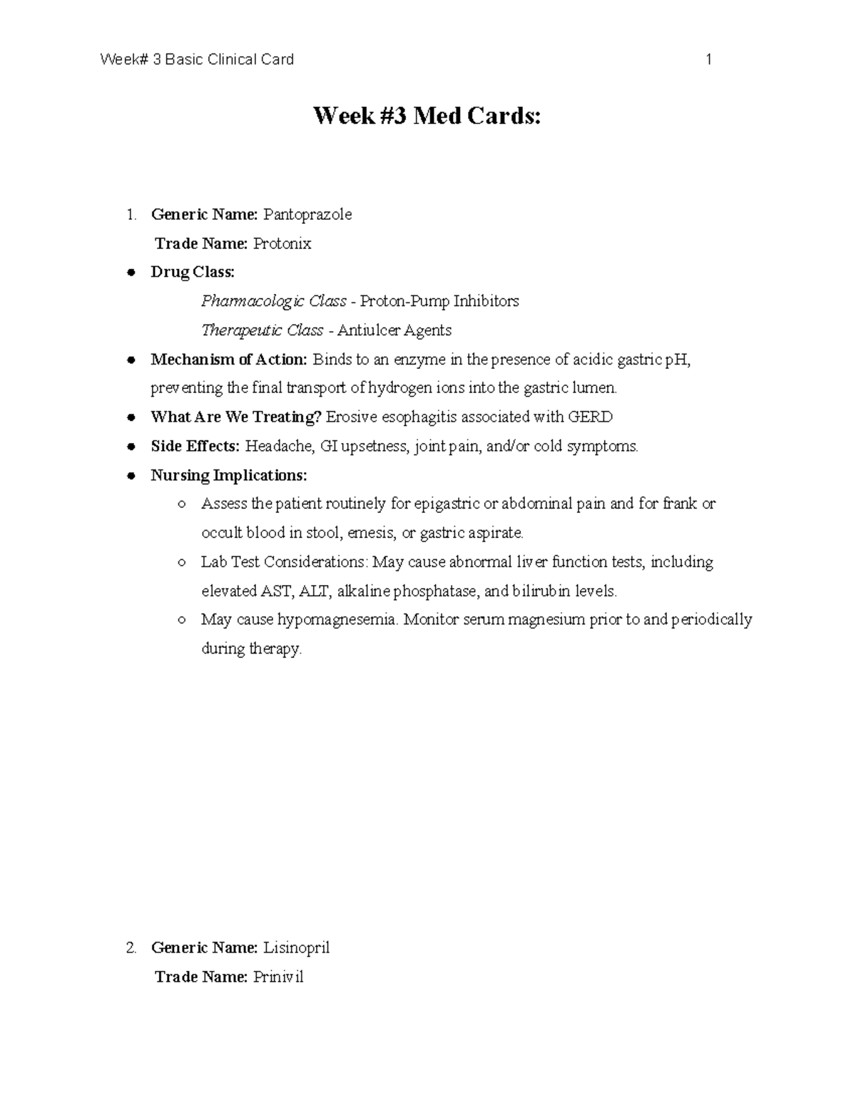 Week 2 Basic Clinical Med Card - Week #3 Med Cards: Generic Name ...