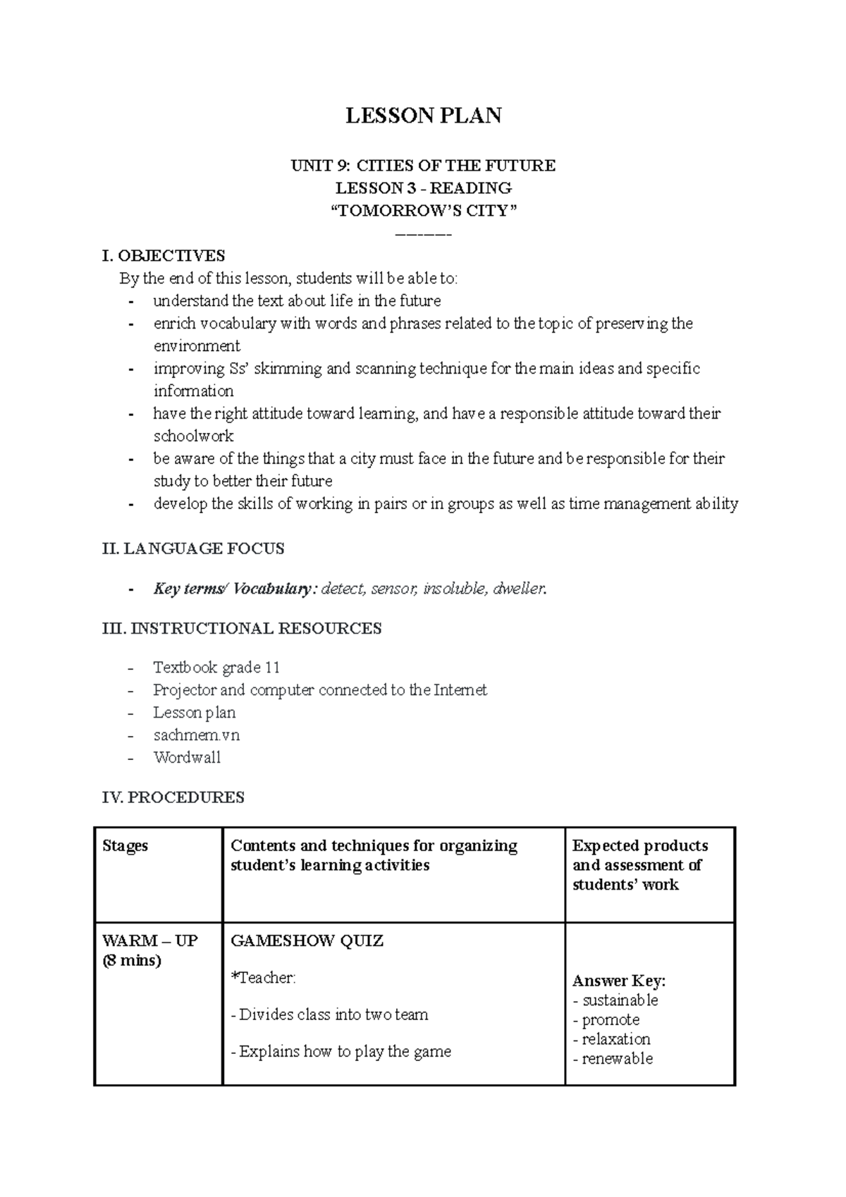 GA - Group 7 - Unit 9 Cities IN THE Future - LESSON PLAN UNIT 9: CITIES ...