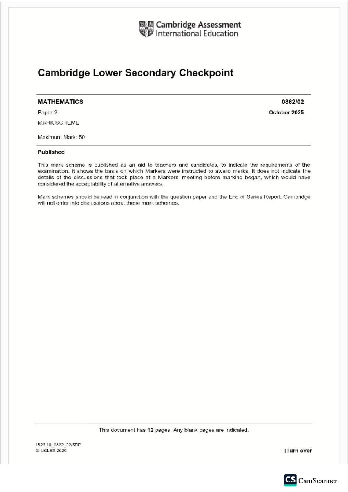 Cambridge Lower Secondary Checkpoint Mathematics Paper 2 Mark Scheme ...
