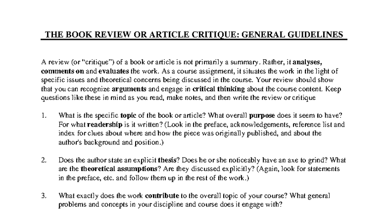 Book Review Guidelines: Analyzing and Critiquing Works - Studocu