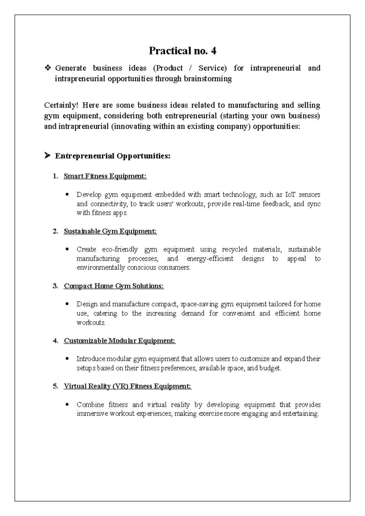 EDE Practical No. 4: Innovative Business Ideas for Gym Equipment - Studocu