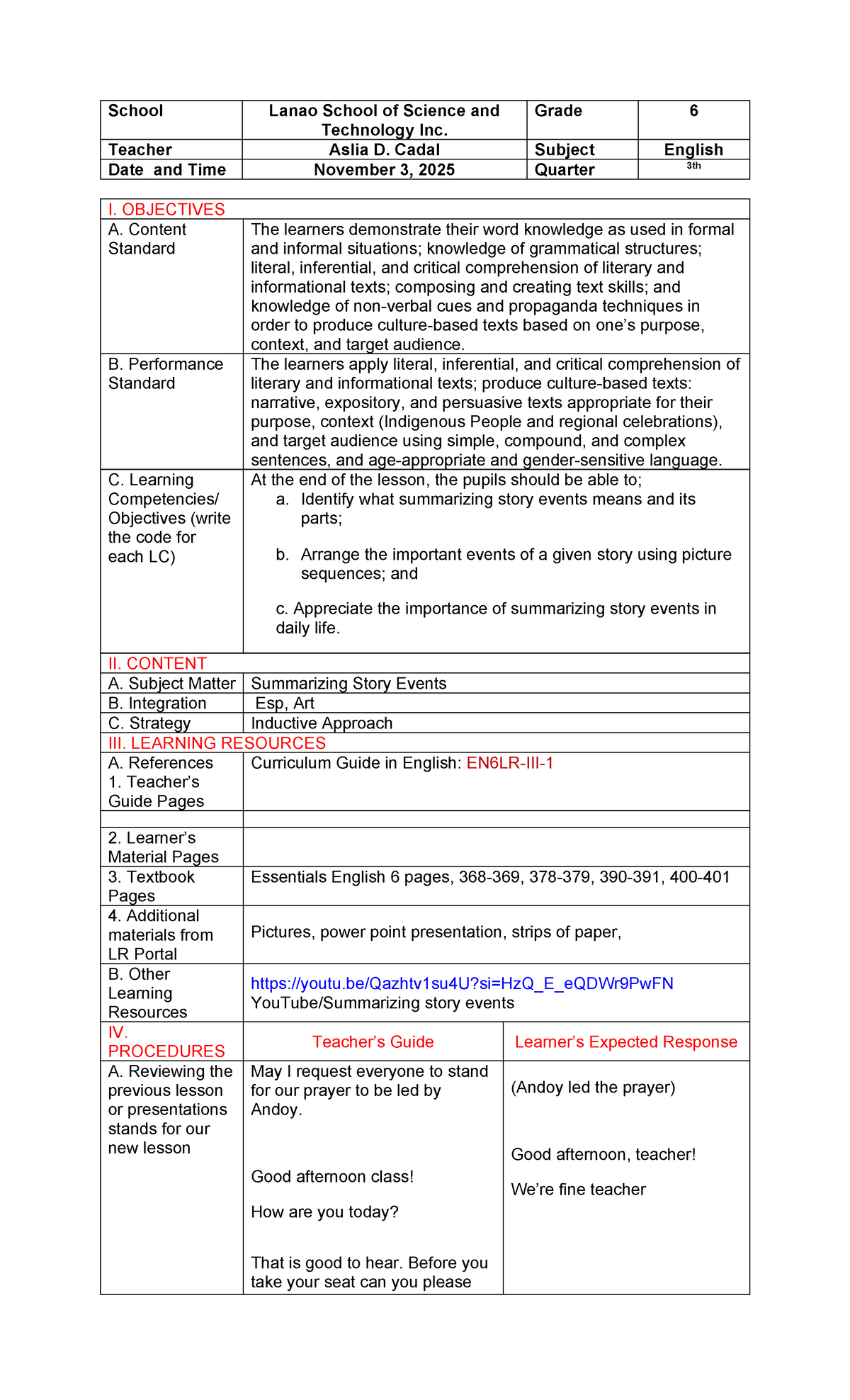 ENG 6: Summarizing Story Events Lesson Plan and Activities - Studocu