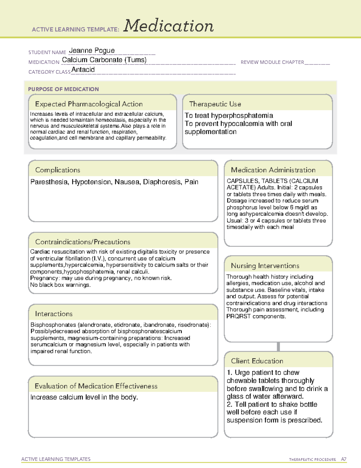 Calcium Carbonate Med Sheet: Active Learning Template Overview - Studocu