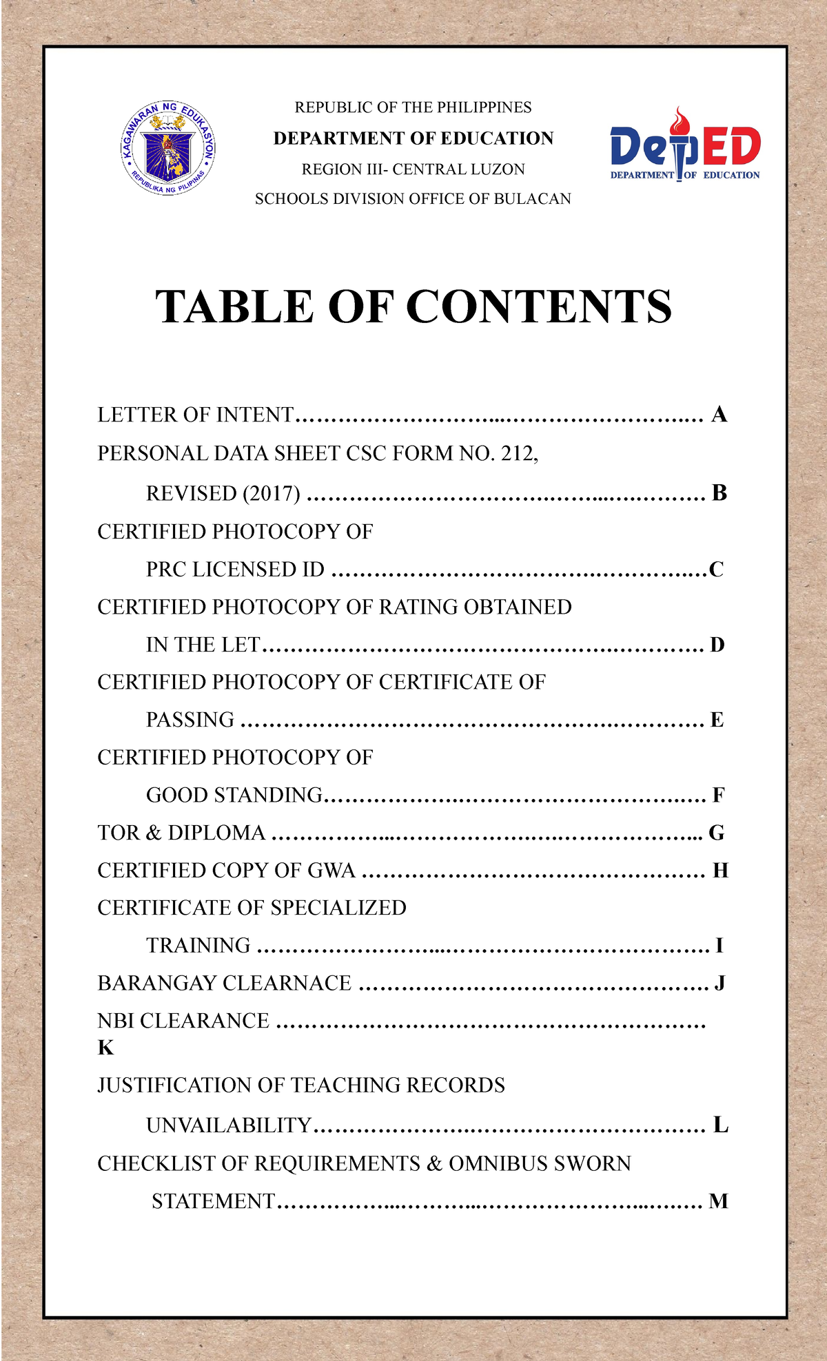 Table of Contents for Formal Documentation - DepEd Region III - Studocu