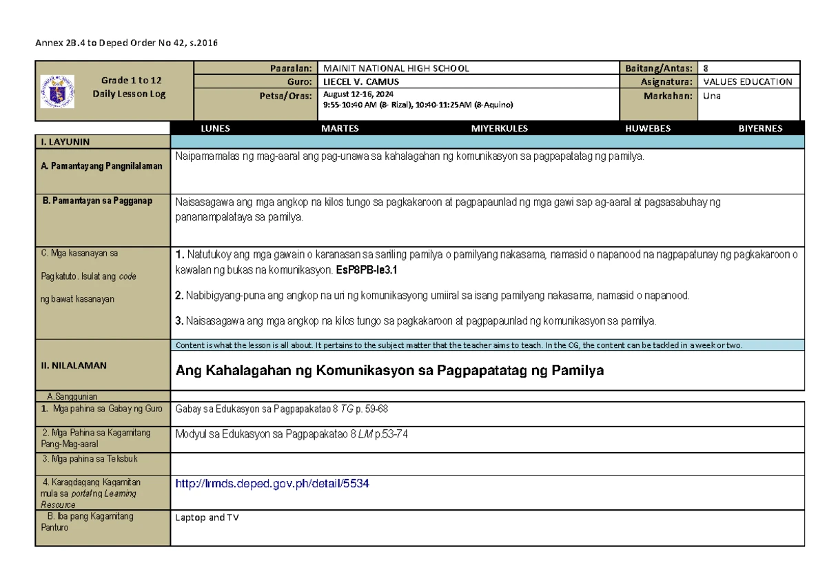 VAL ED 8 Q1 Week 6 - Daily Lesson Log on Parental Responsibilities - Studocu