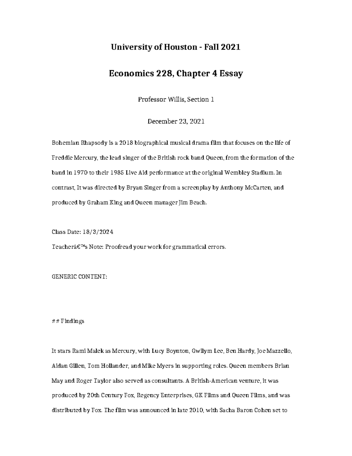 Economics 228: Chapter 4 Essay on Bohemian Rhapsody Analysis - Studocu