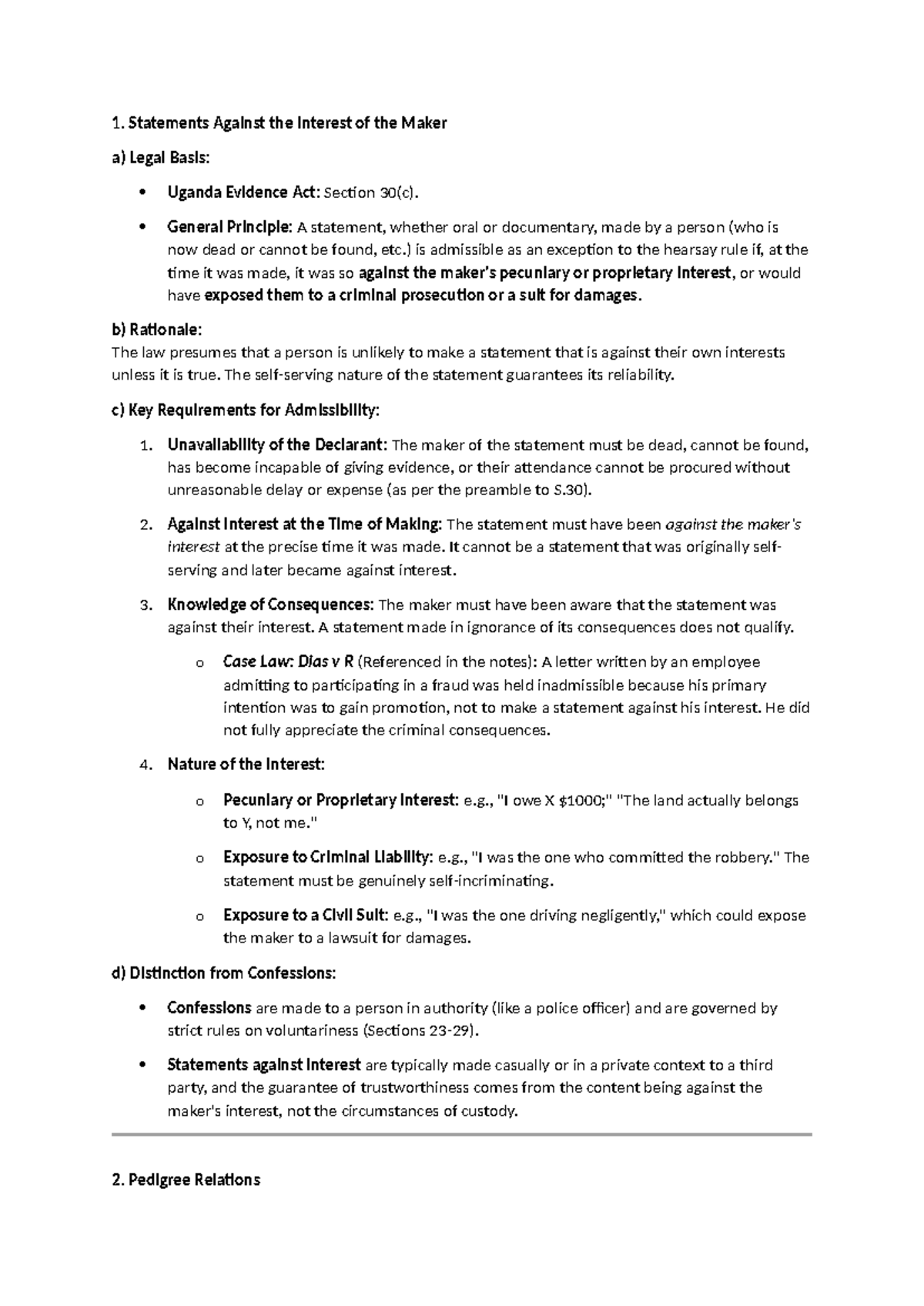 Legal Principles on Statements Against Interest & Family Relations (UGA ...