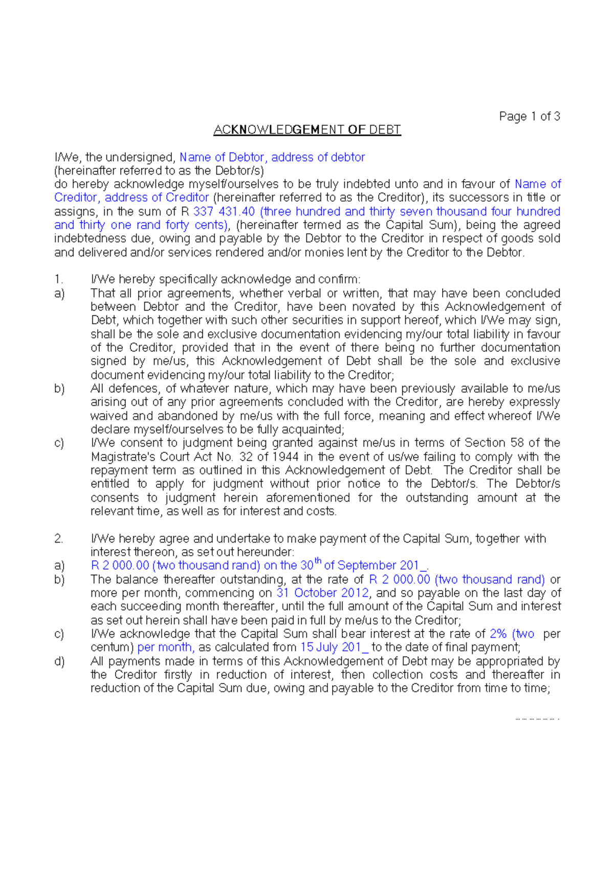 AOD - AOD - Page 1 of 3 ACKNOWLEDGEMENT OF DEBTACKNOWLEDGEMENT OF ...