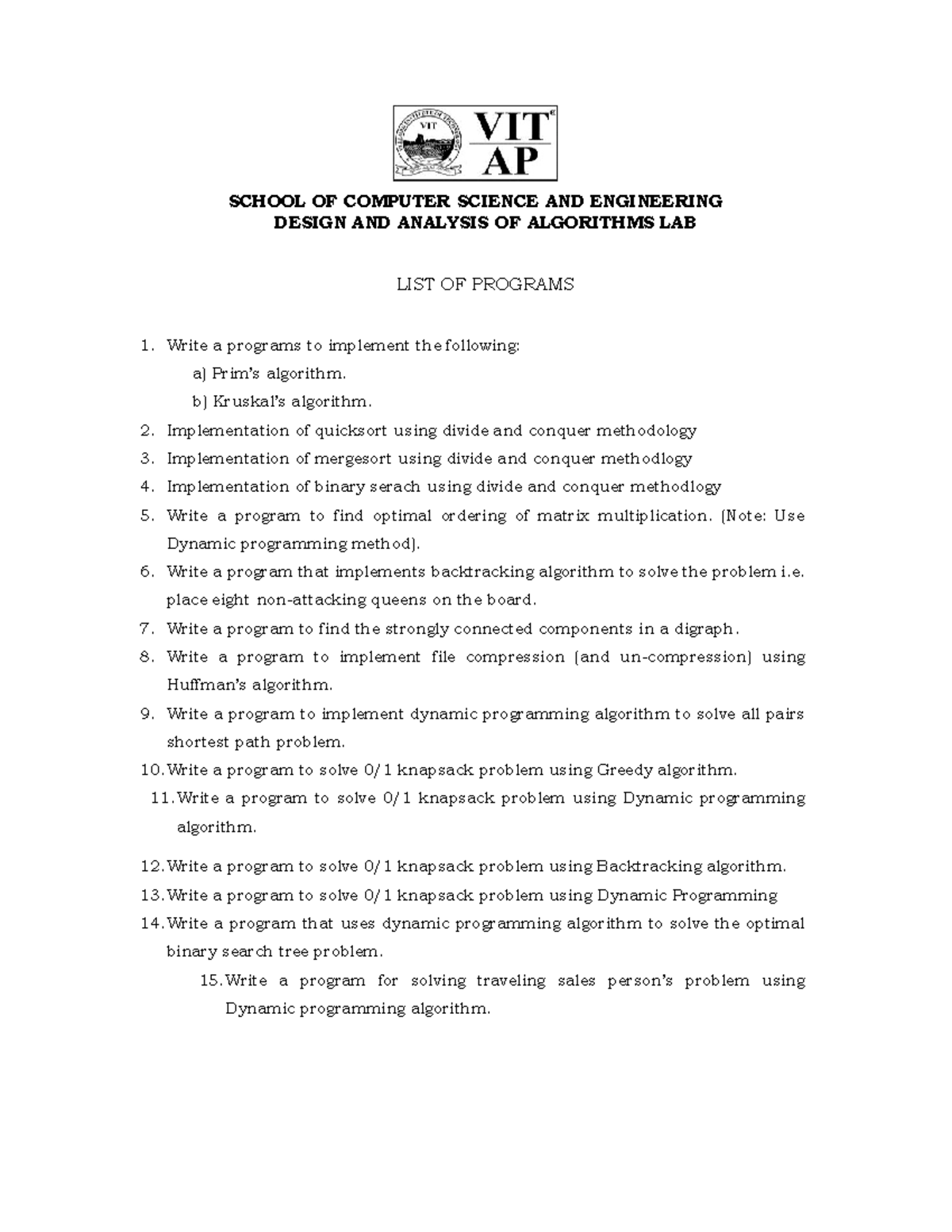 CSE3004-DAA Lab Programs: Algorithms Implementations & Analysis - Studocu