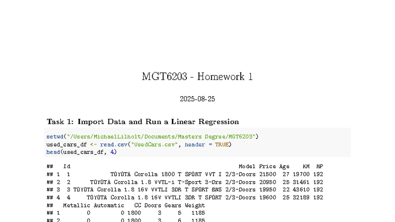 MGT6203 Homework 1: Linear Regression Analysis of Used Cars - Studocu