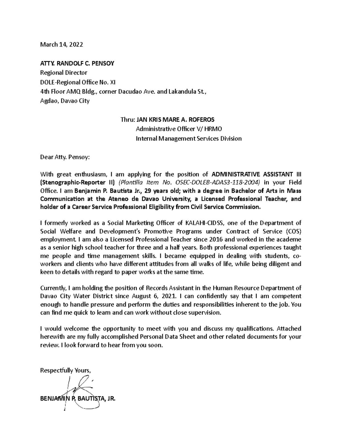 DOLE Application Letter for Administrative Assistant III by Bautista ...