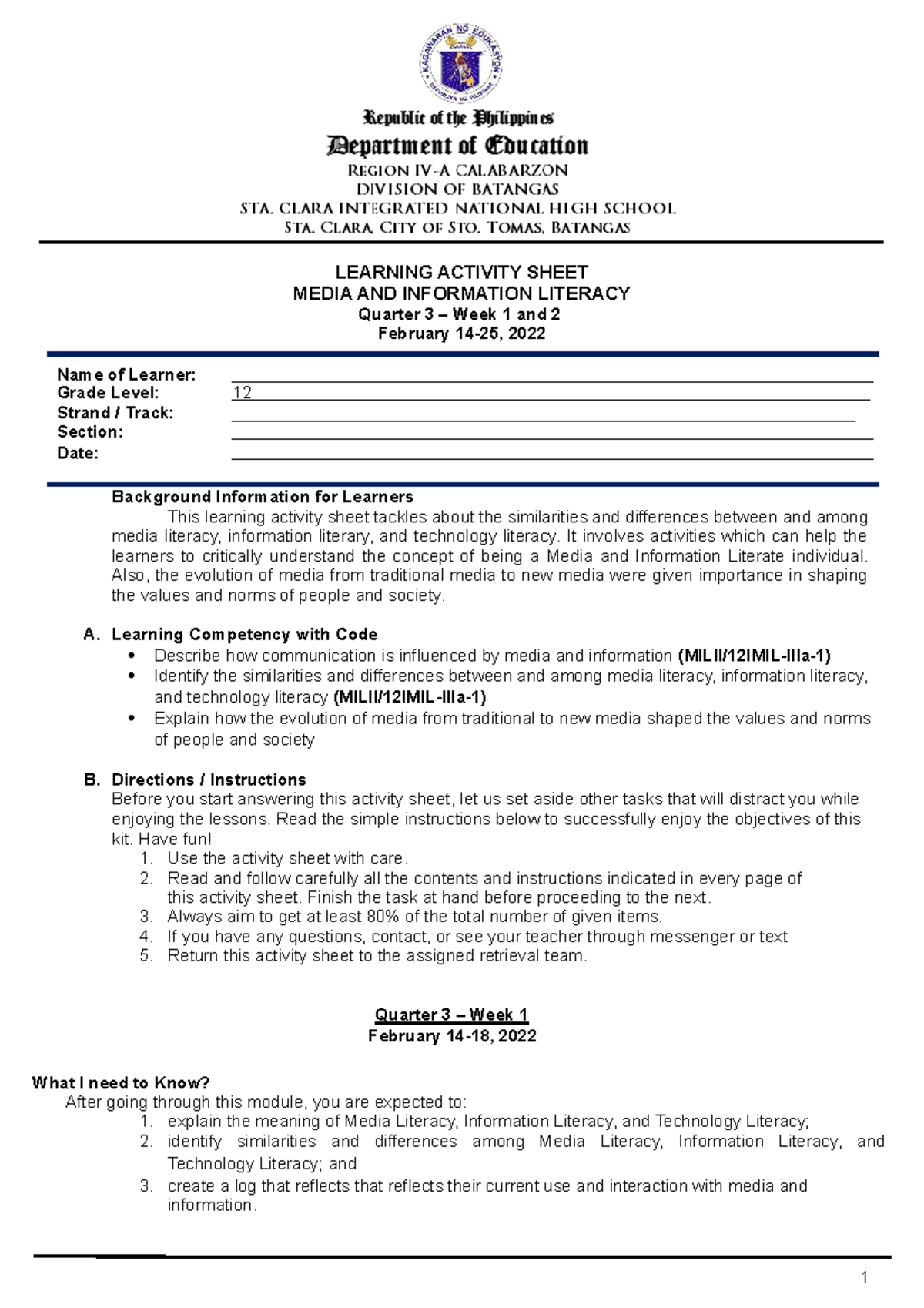 MIL Week 1-2 Learning Activity Sheet: Media Literacy Focus - Studocu