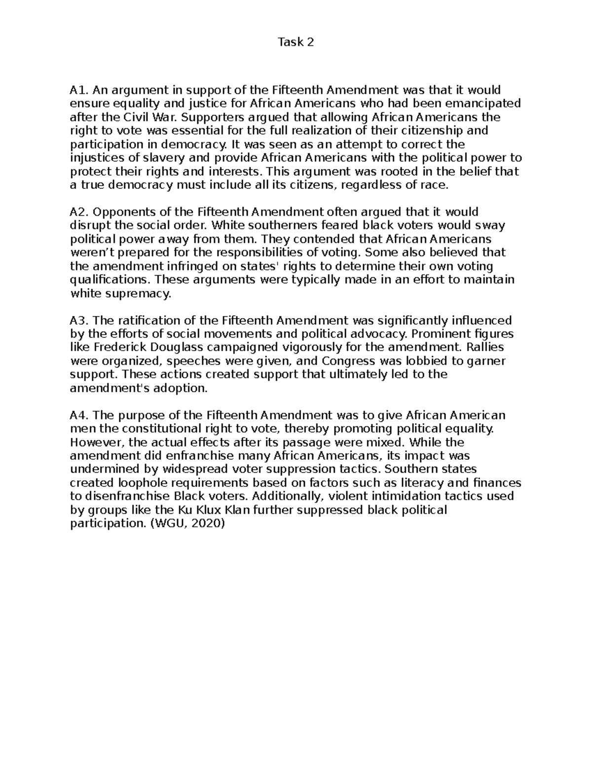 Task 2 - D267: Analysis of the Fifteenth and Nineteenth Amendments - Studocu