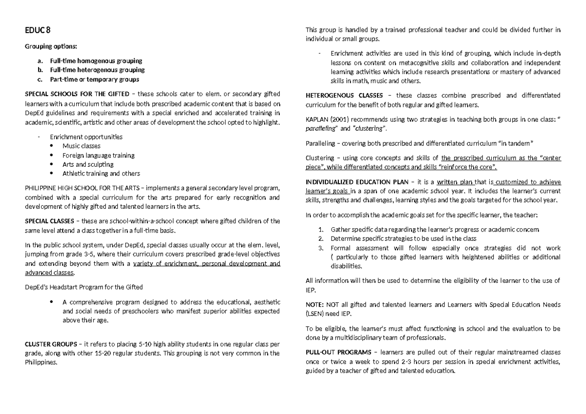EDUC 8 - Notes on Teaching Strategies for Gifted Learners - Studocu