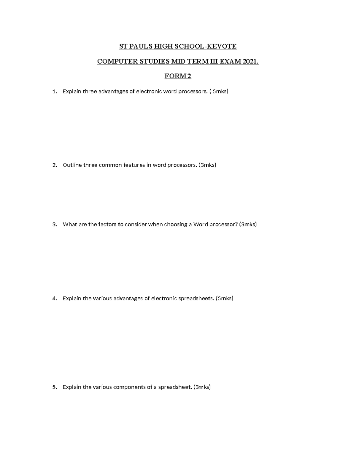 Computer Studies Form 2 - Mid Term III Exam Notes 2021 - Studocu