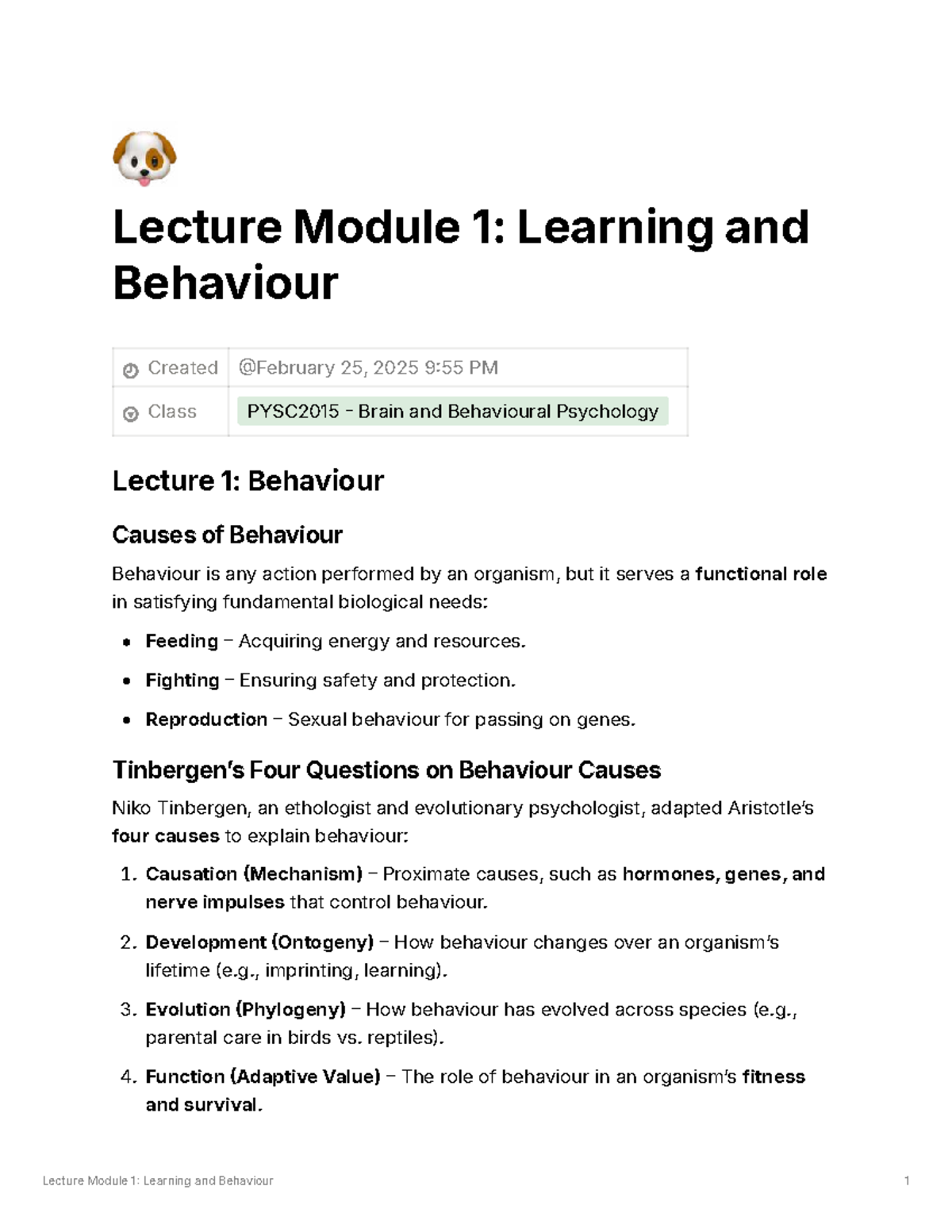 Lecture Module 1: Learning and Behaviour - PYSC2015 Study Notes - Studocu
