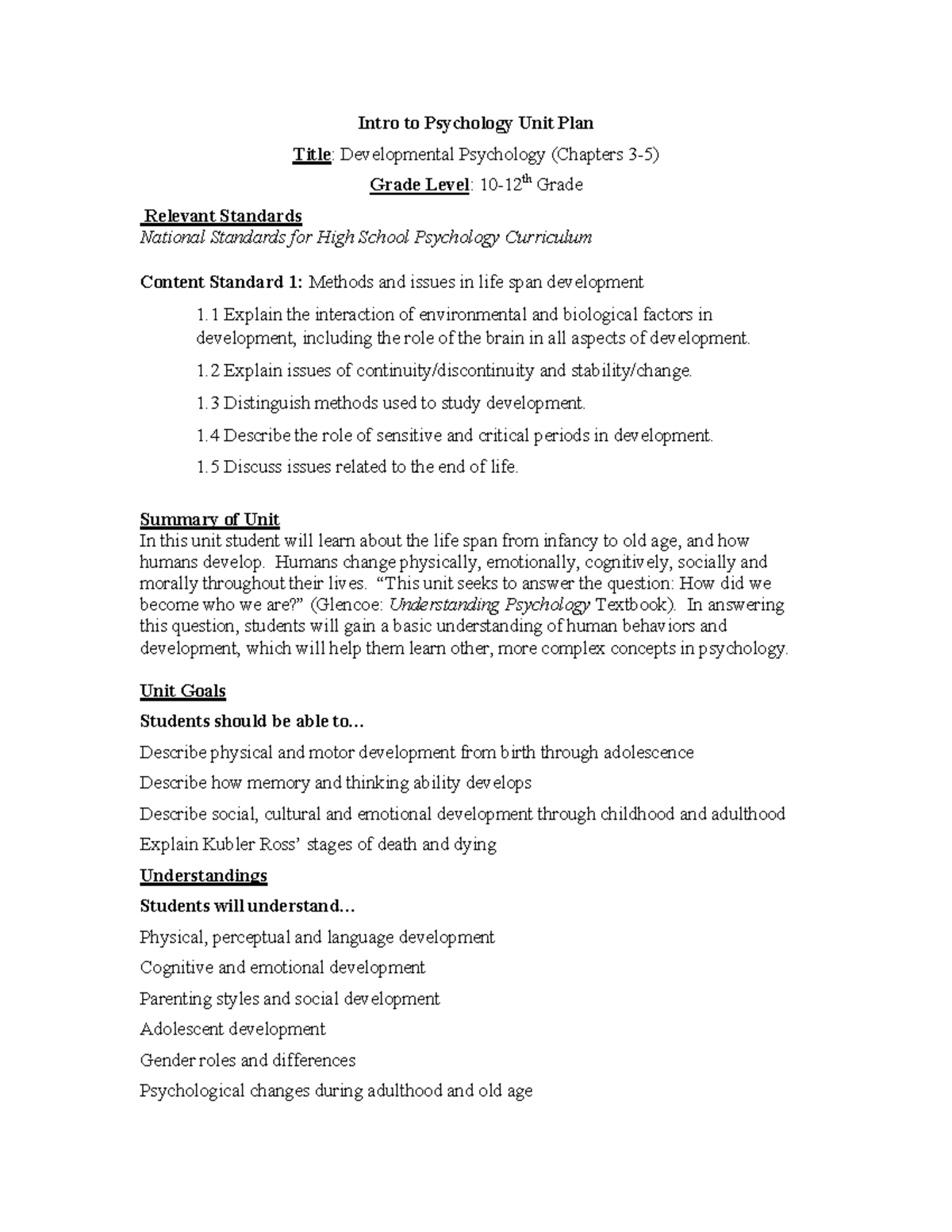 Developmental Psychology Unit Plan (PSY 101): Understanding Human ...