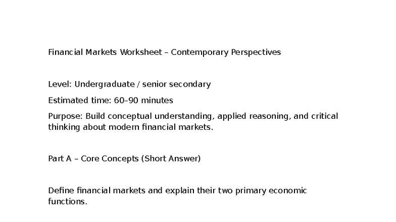 Financial Markets Worksheet (FIN 2025): Concepts & Participants - Studocu