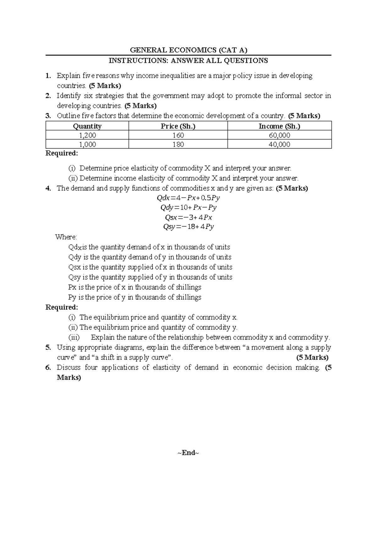 General Economics (CAT A) Exam: Income Inequality & Elasticity Analysis ...