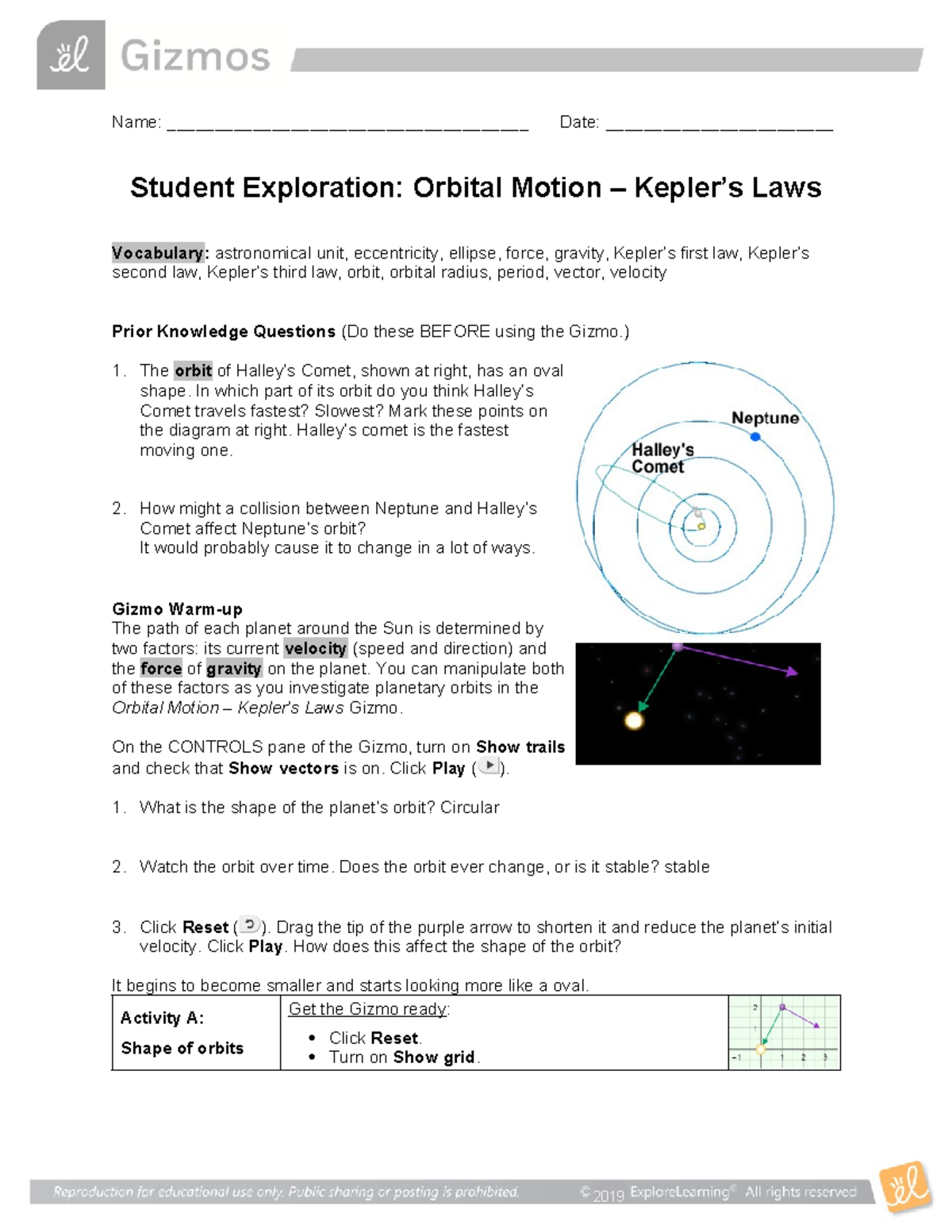 Orbital Motion SE - Kepler's Laws Exploration Answers - Studocu