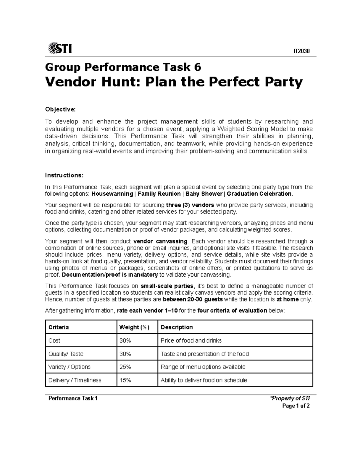 IT2030 Performance Task 6: Vendor Hunt for Perfect Party Planning - Studocu