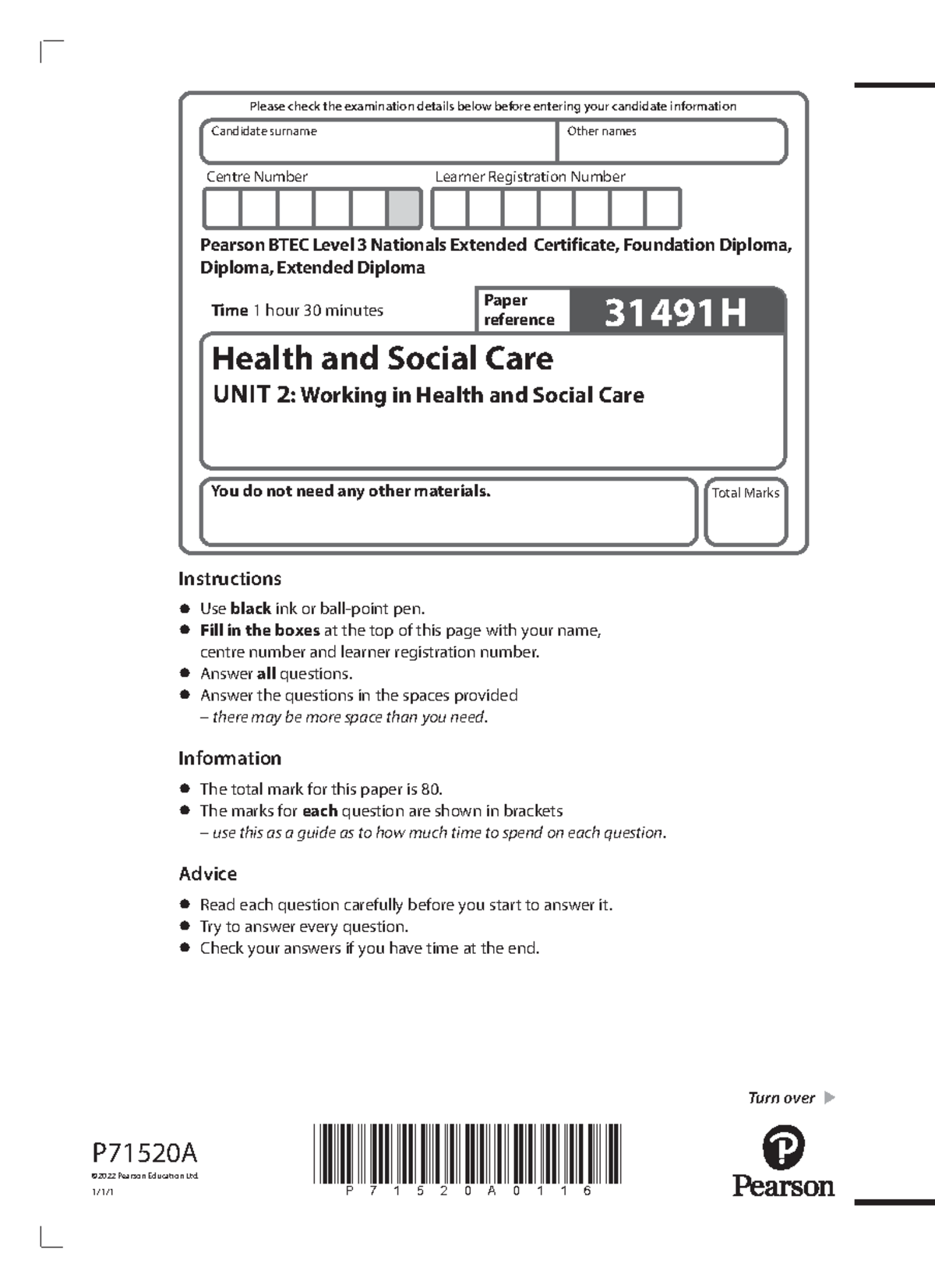 P71520 BTEC L3 Health & Social Care Unit 2 Exam Paper June 2022 - Studocu