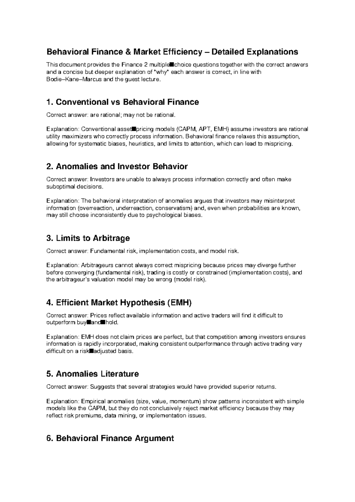 Finance 2 Quiz Week 4: Behavioral Finance Insights & Explanations ...