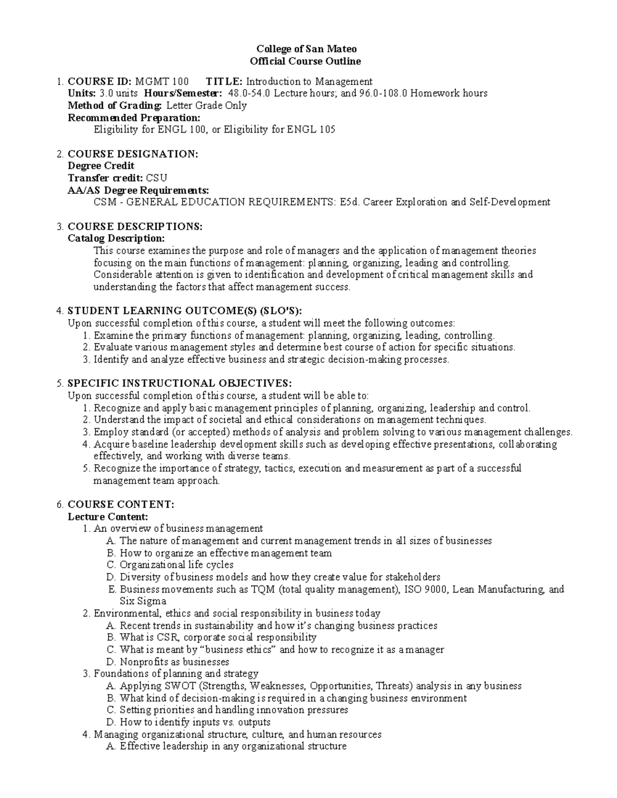 MGMT 100 - Introduction to Management Course Outline - Studocu