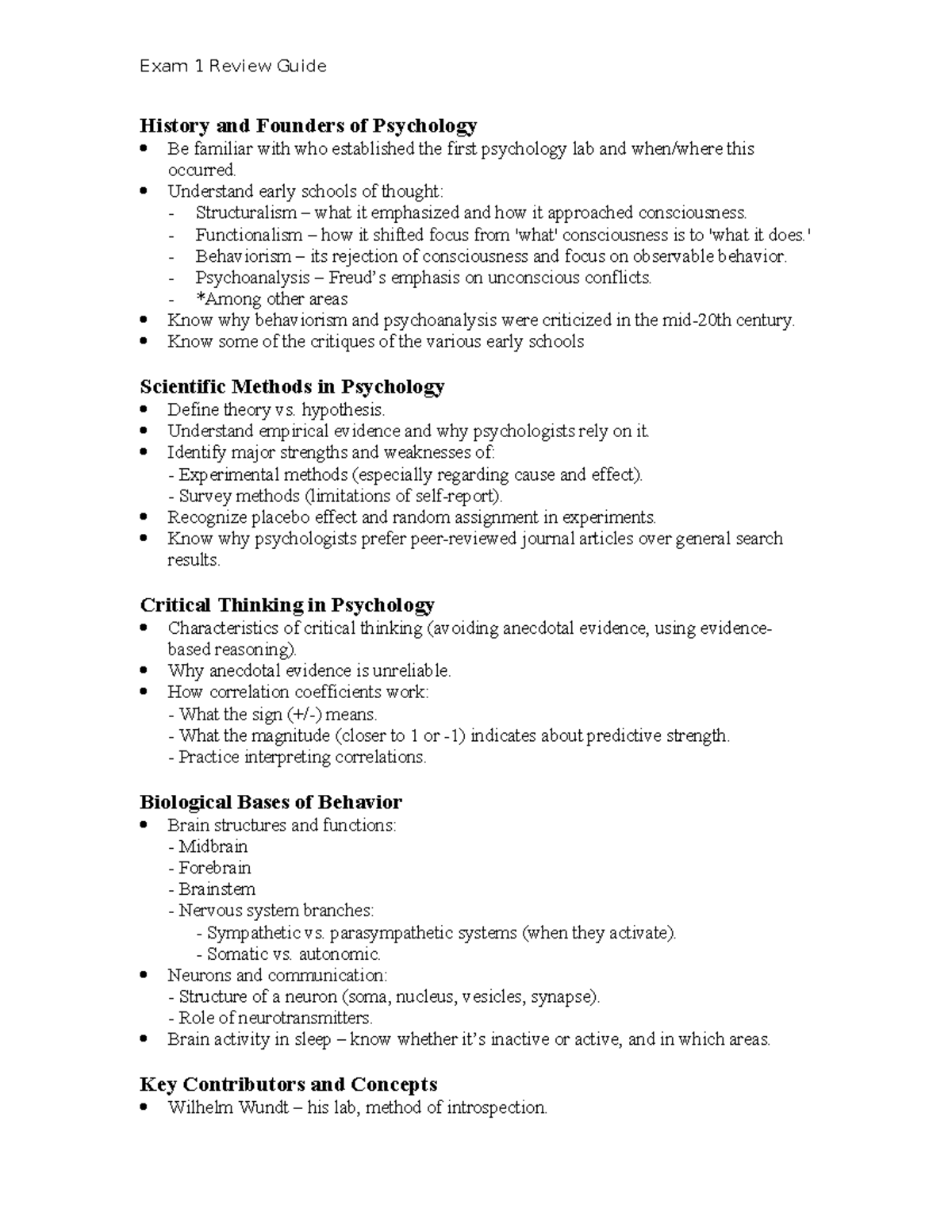 Introduction to Psychology: Exam 1 Review Guide (PSY101) - Studocu