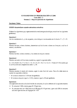 Semana 9 Hoja Ejercicios en clase - 1 FUNDAMENTOS EN PROGRAMACIÓN (CC200) Ciclo 202 3 - 02 ...