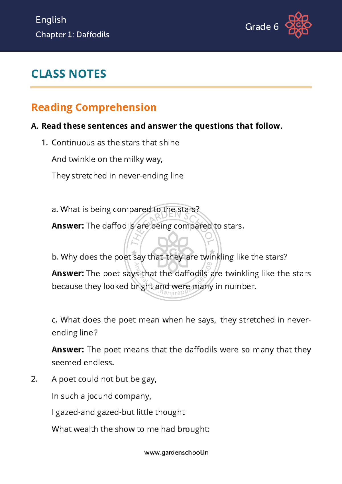 AK CN Grade 6 English Chapter 1: Daffodils Class Notes - Studocu