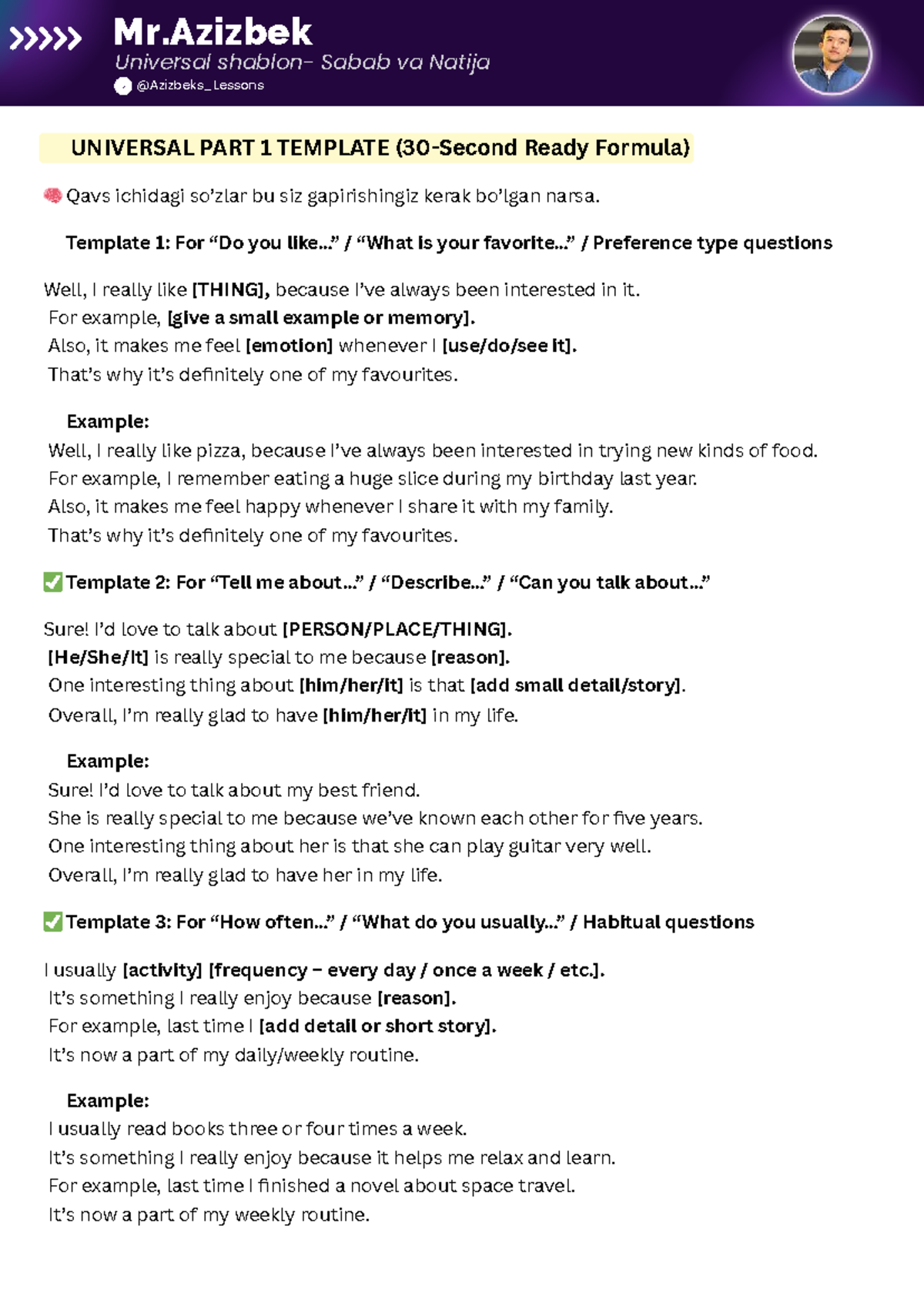 Mr.Azizbek Speaking Part 1 Templates for Universal Exam - Studocu