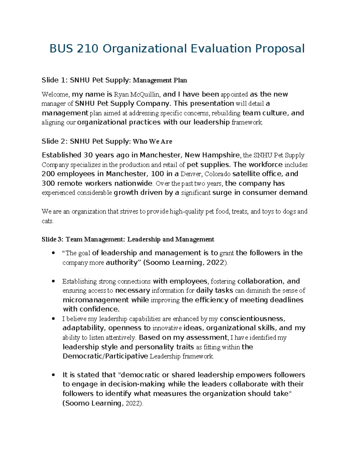 BUS 210 Final: SNHU Pet Supply Management Plan Presentation - Studocu