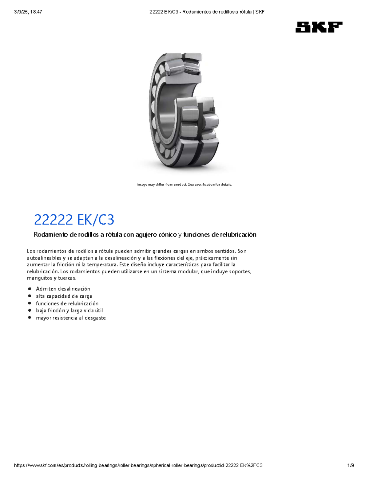 22222 EK C3 - Especificaciones de Rodamientos de Rodillos a Rótula SKF ...