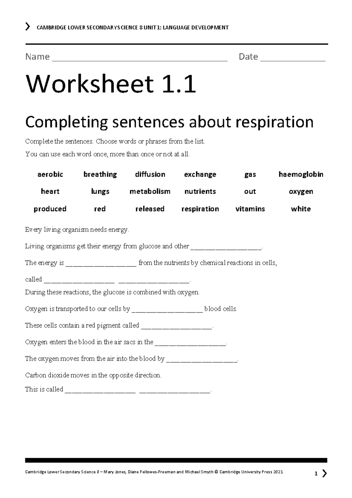 CAMBRIDGE LOWER SECONDARY SCIENCE 8 UNIT 1: LANGUAGE WORKSHEETS - Studocu