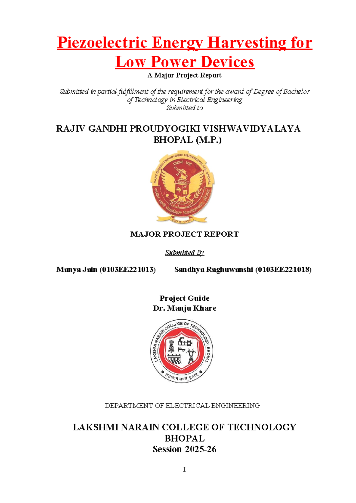 Energy Harvesting for Low Power Devices - Major Project Report (EE 706 ...