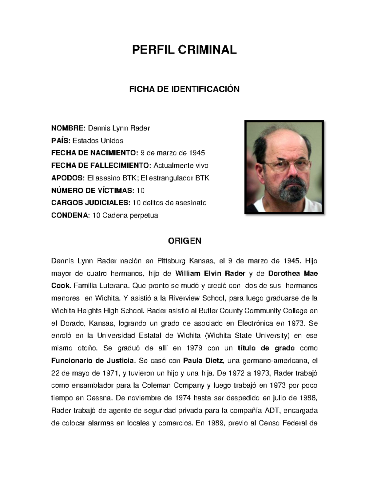 Perfil Criminal de Dennis Rader: Estudio de Caso (Psicología 101) - Studocu
