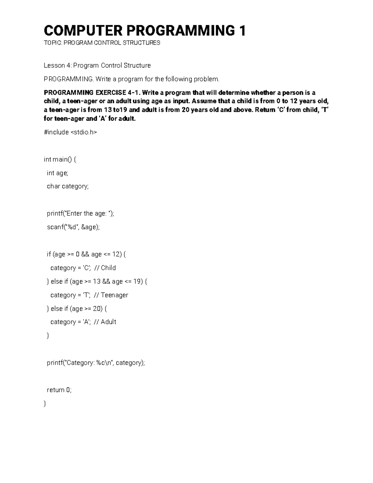 CP Program Control Structures Problems and Case Study - TOPIC: PROGRAM CONTROL STRUCTURES Lesson ...